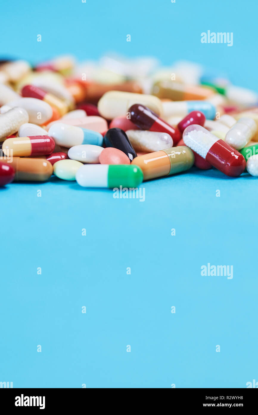 Many medicine medications with colorful pills and different tablets ...