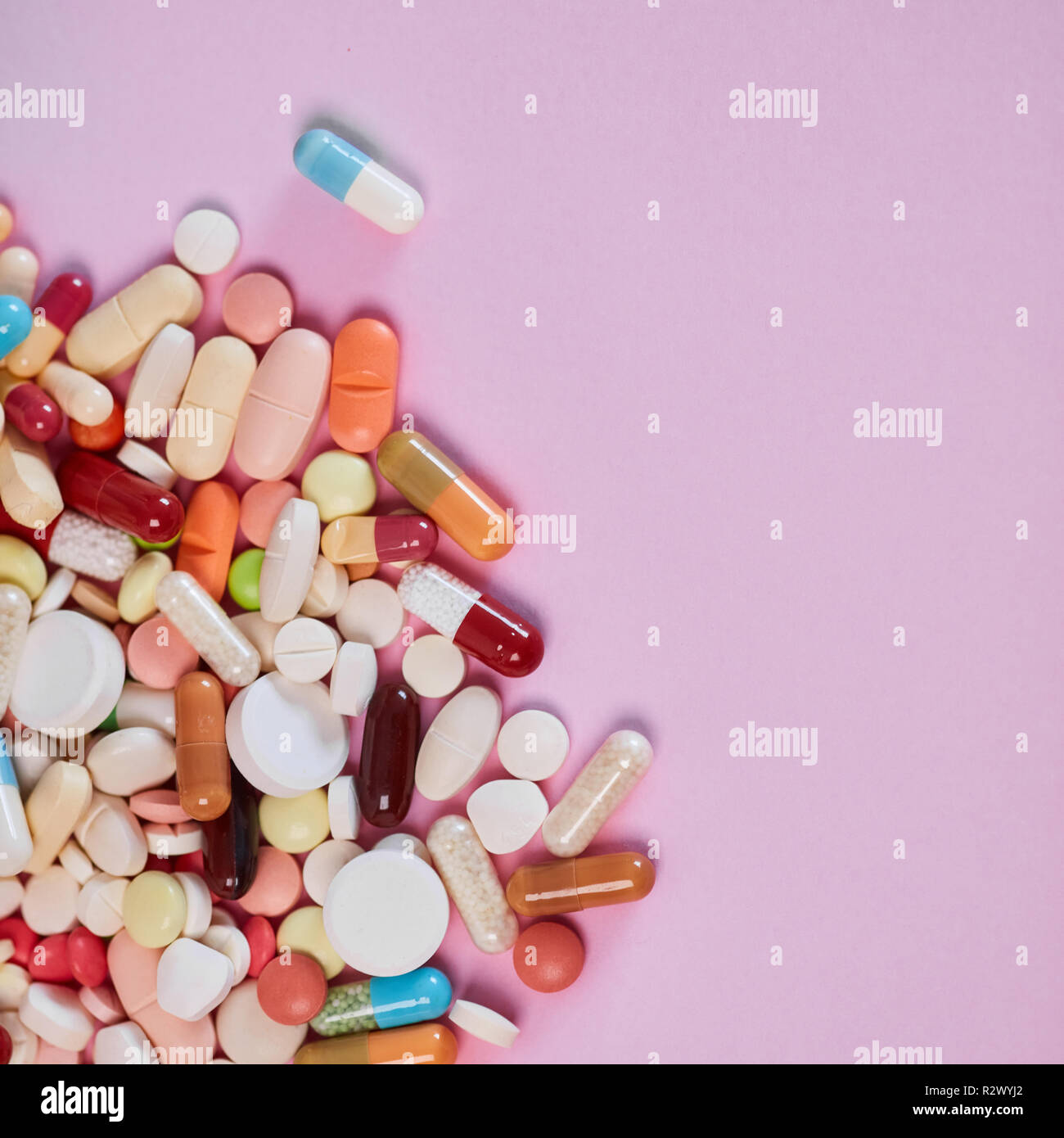 Medication background with copy space and many pills and tablets Stock ...