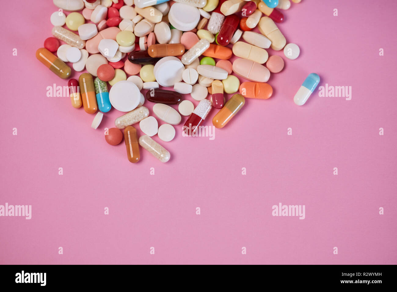 Medicine background header with copy space and many colorful medicines ...