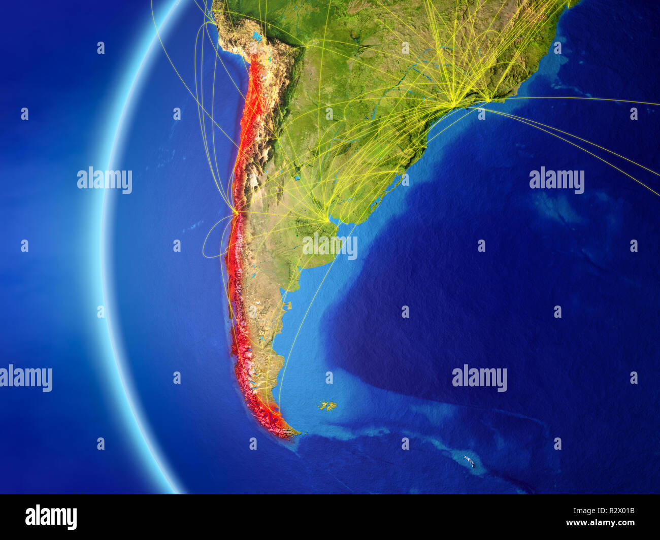 Chile from space on model of Earth with international network. Concept ...