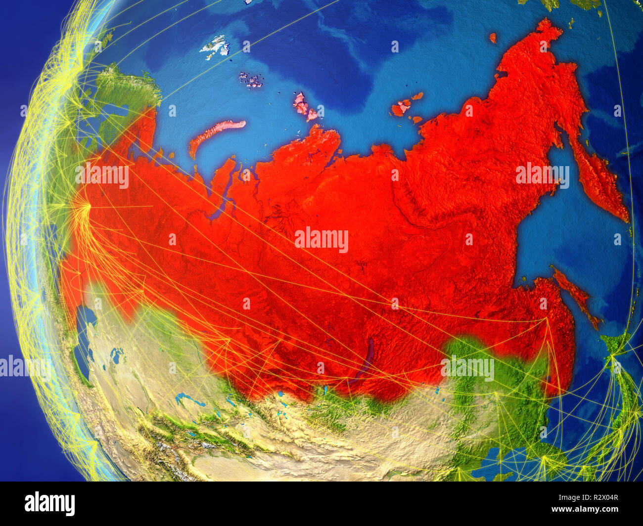 Russia from space on model of Earth with international network. Concept ...