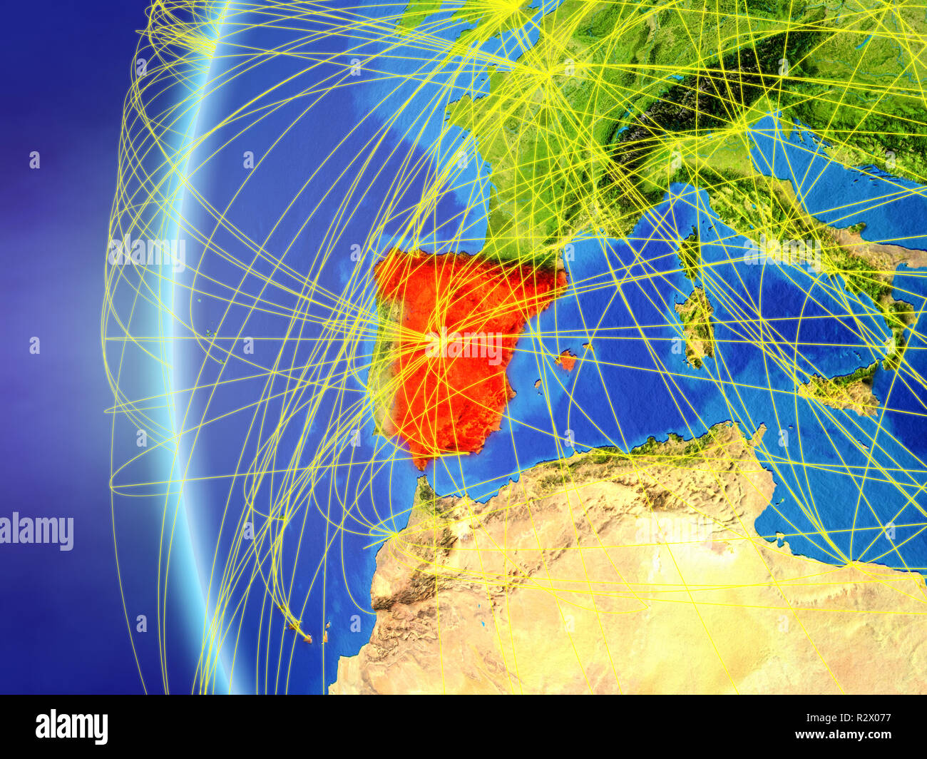 Spain from space on model of Earth with international network. Concept ...