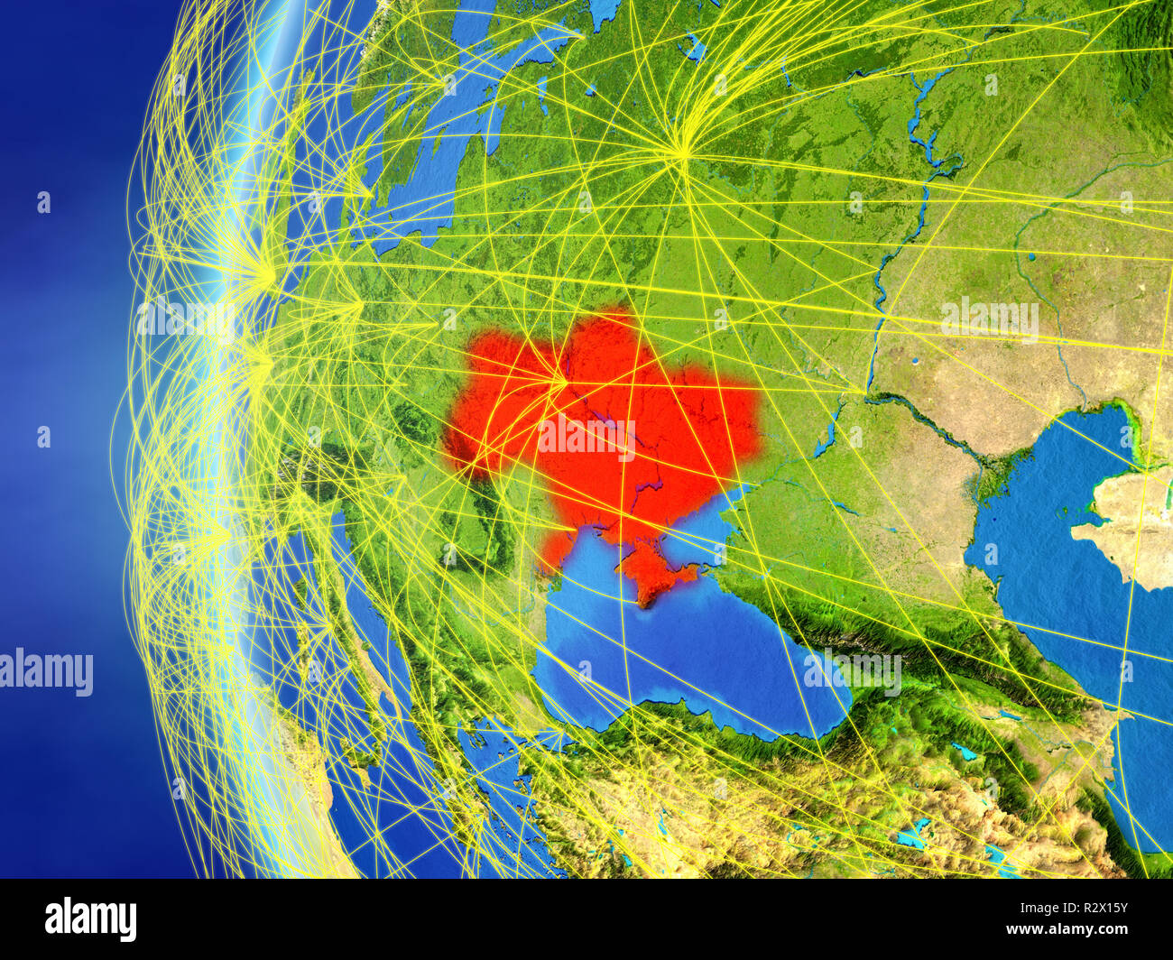 Ukraine from space on model of Earth with international network ...