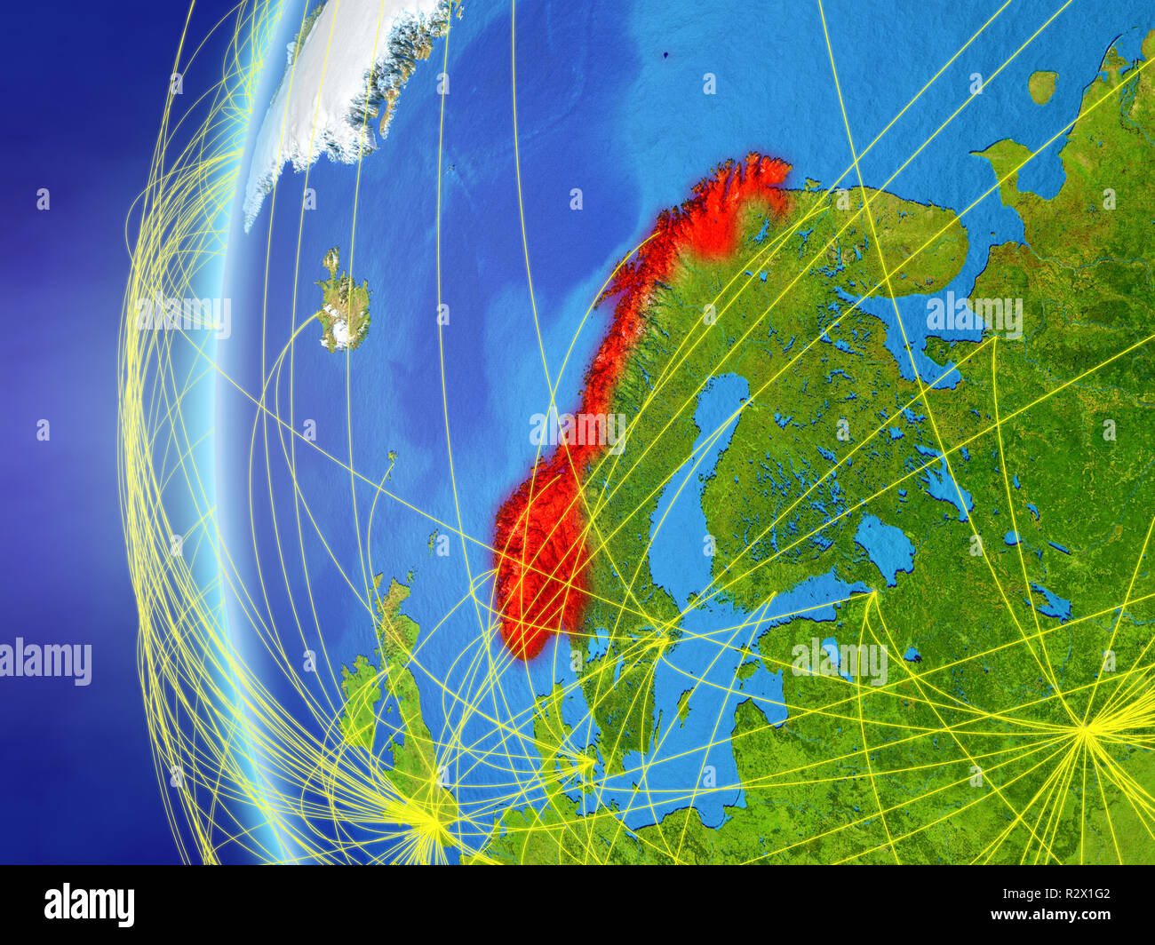 Norway from space on model of Earth with international network. Concept ...