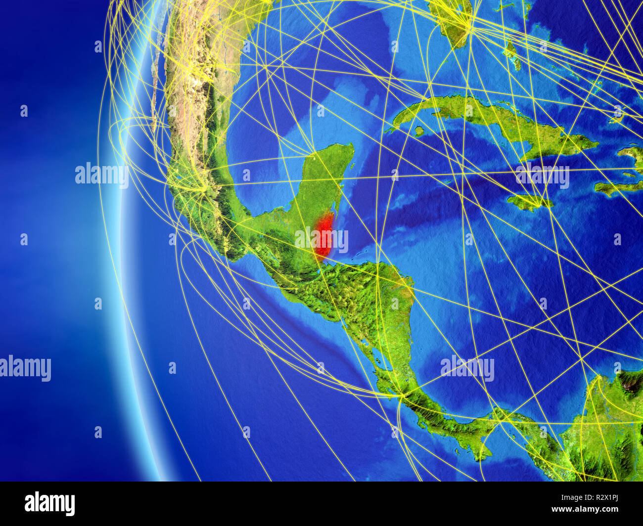 Belize from space on model of Earth with international network. Concept ...