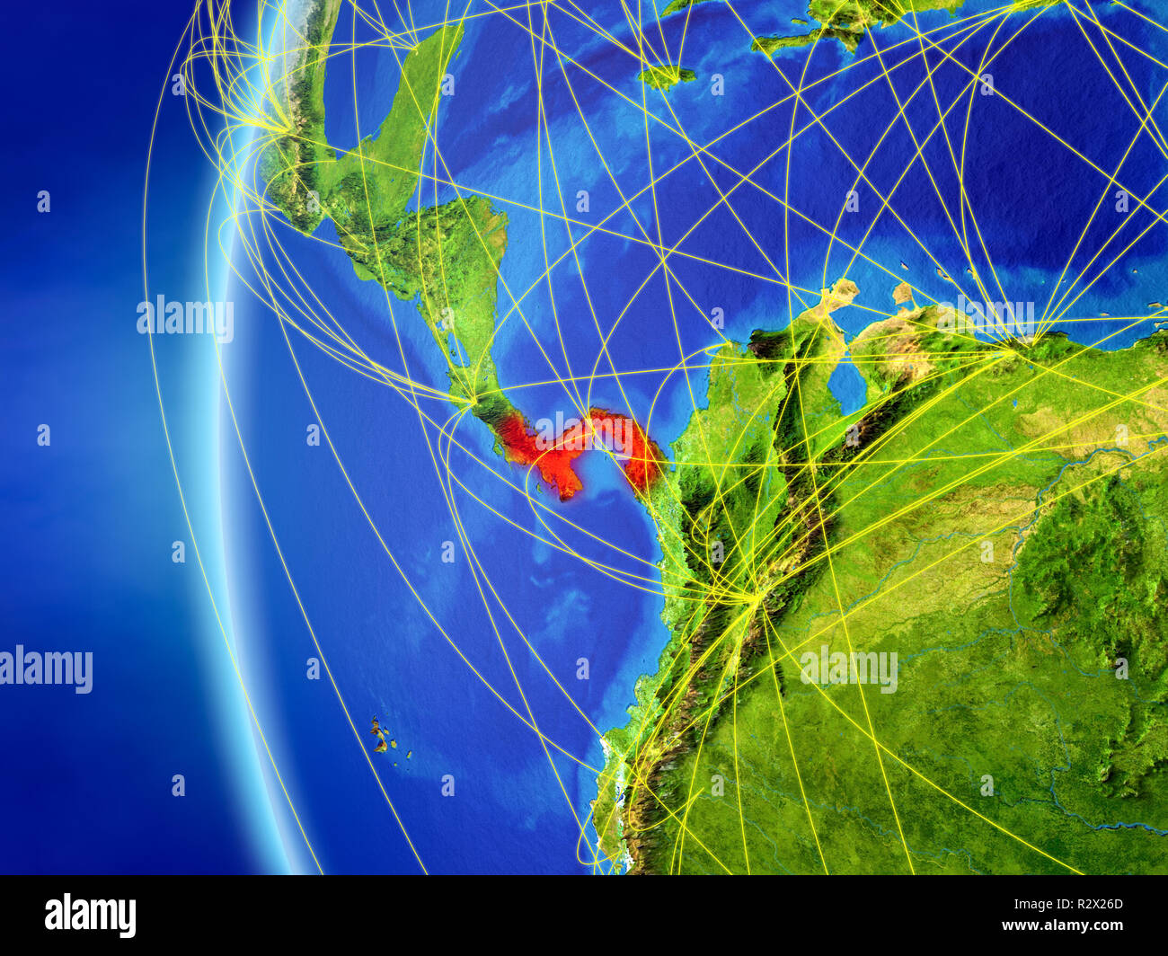 Panama from space on model of Earth with international network. Concept ...
