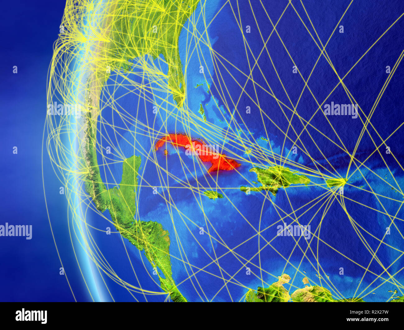 Cuba from space on model of Earth with international network. Concept ...
