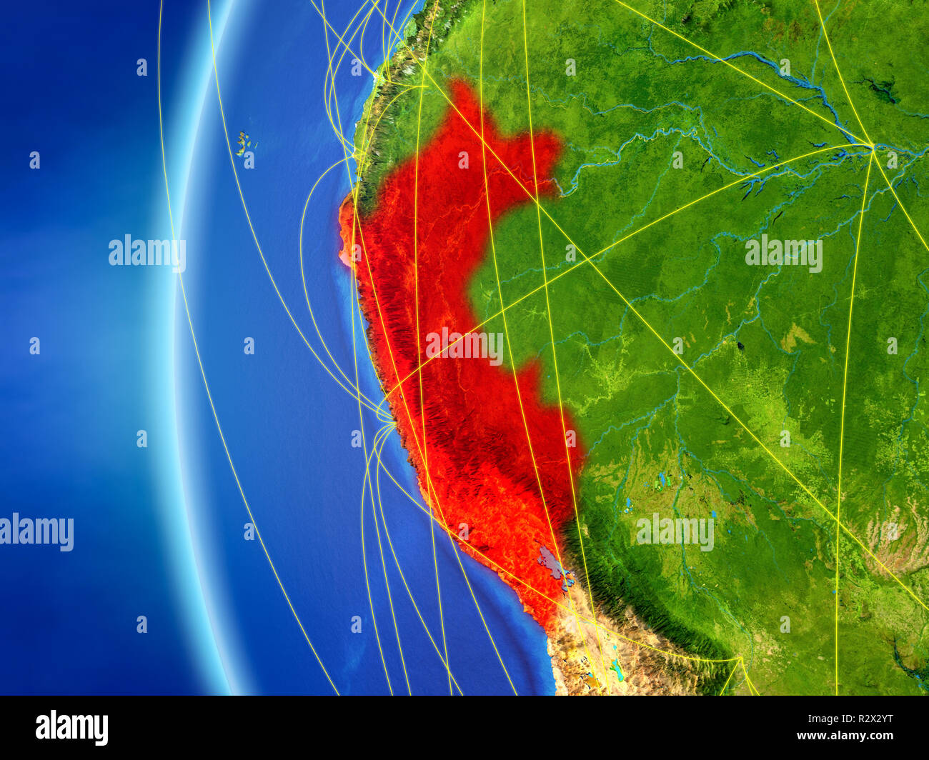 Peru from space on model of Earth with international network. Concept ...