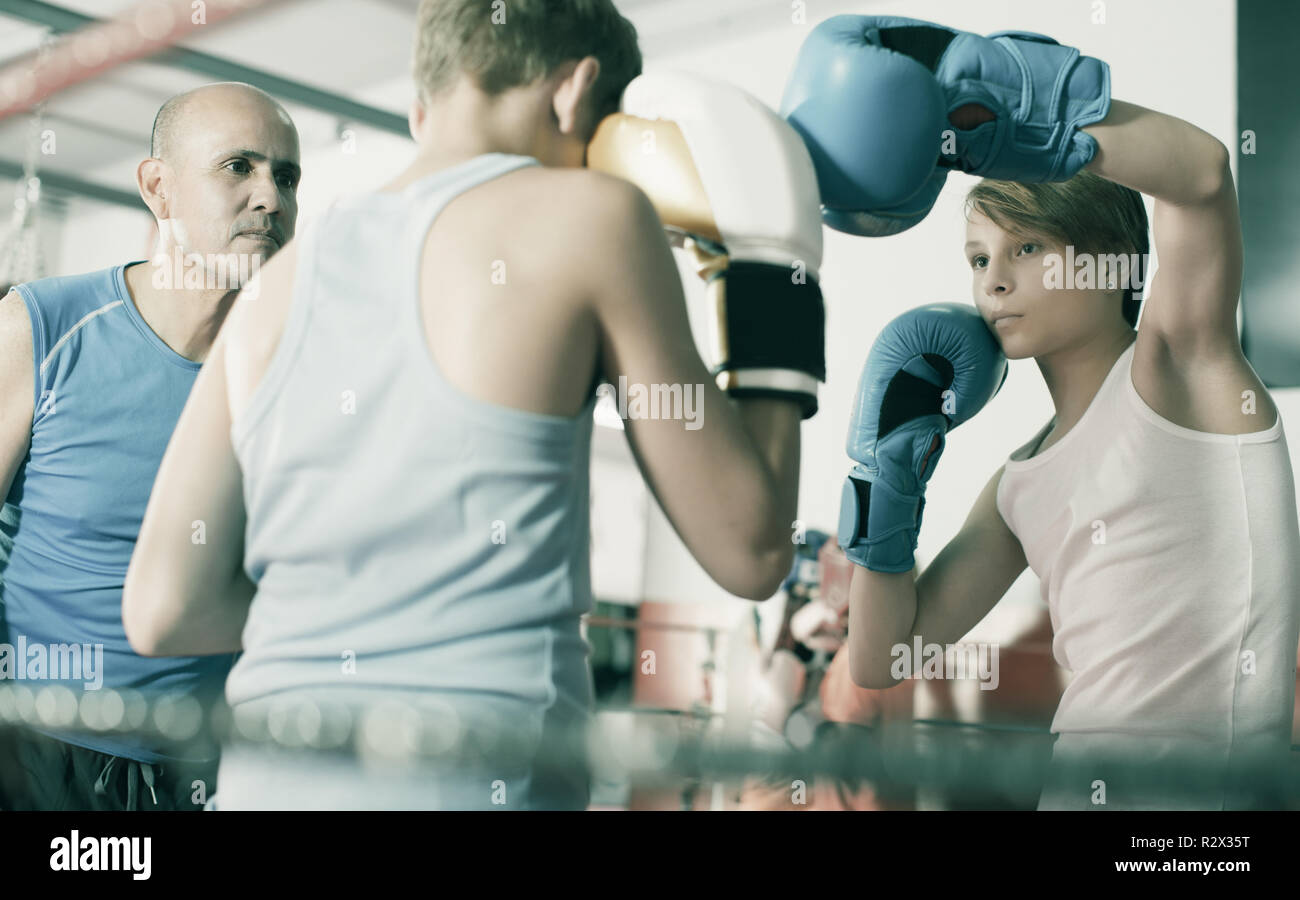 Portrait of cheerful boxer sparring on the ring in boxing hall Stock ...