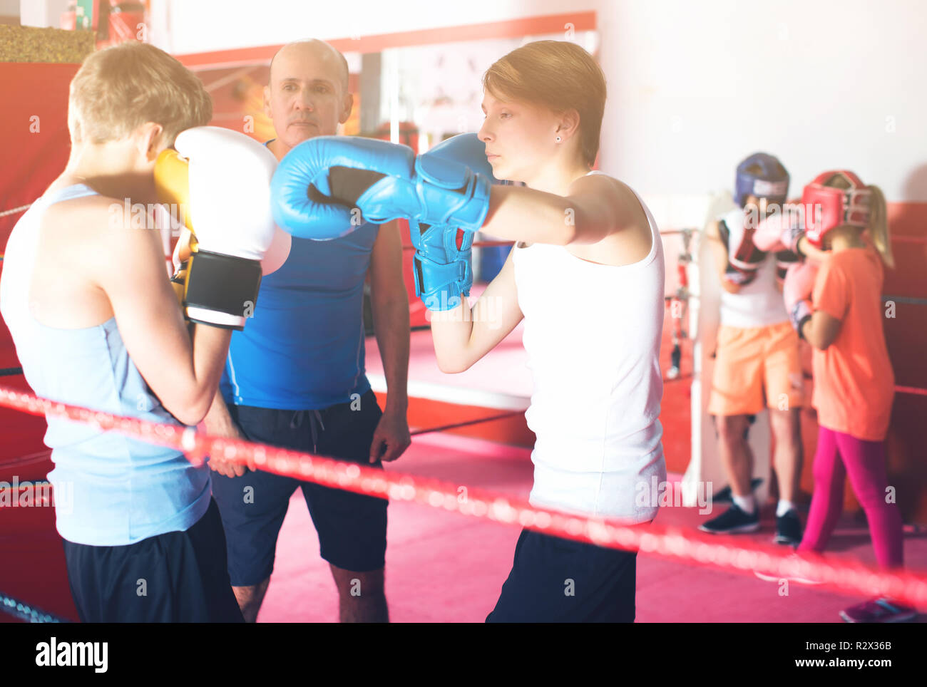 Group of kids exercising with coach on boxing ring at gym Stock Photo ...
