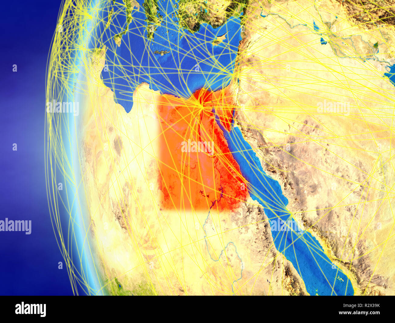 Egypt from space on model of Earth with international network. Concept ...