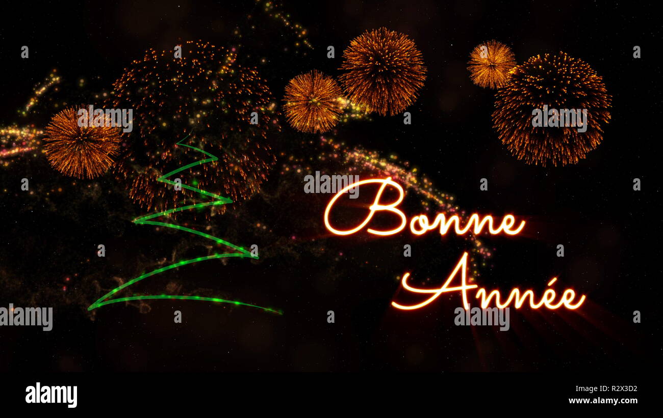Happy New Year text in French 'Bonne Annee' over pine tree with ...