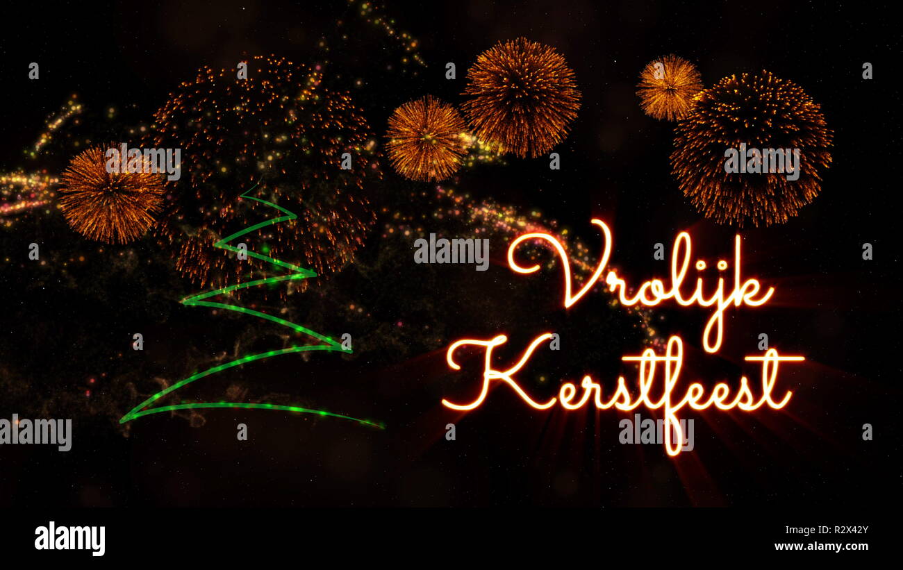 Merry Christmas text in Dutch 'Vrolijk Kerstfeest' over pine tree with ...