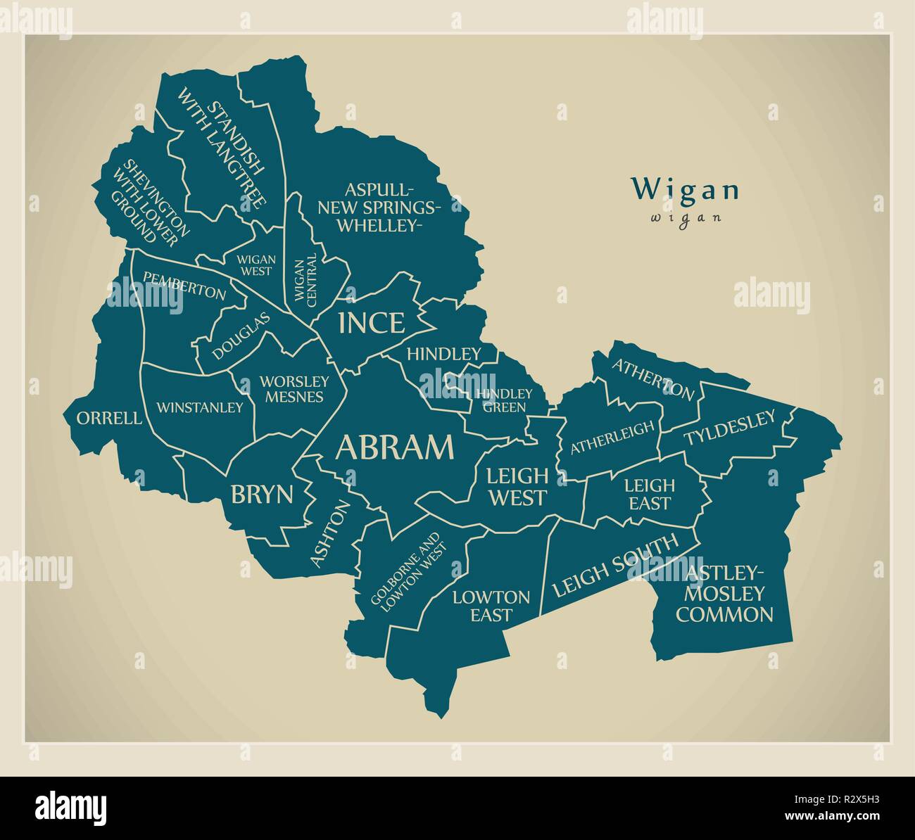 Modern City Map - Wigan city of England with wards and titles UK Stock ...