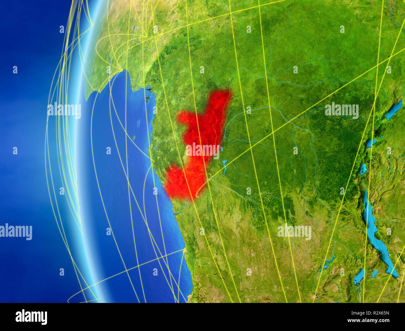 Congo from space on model of Earth with international network. Concept ...