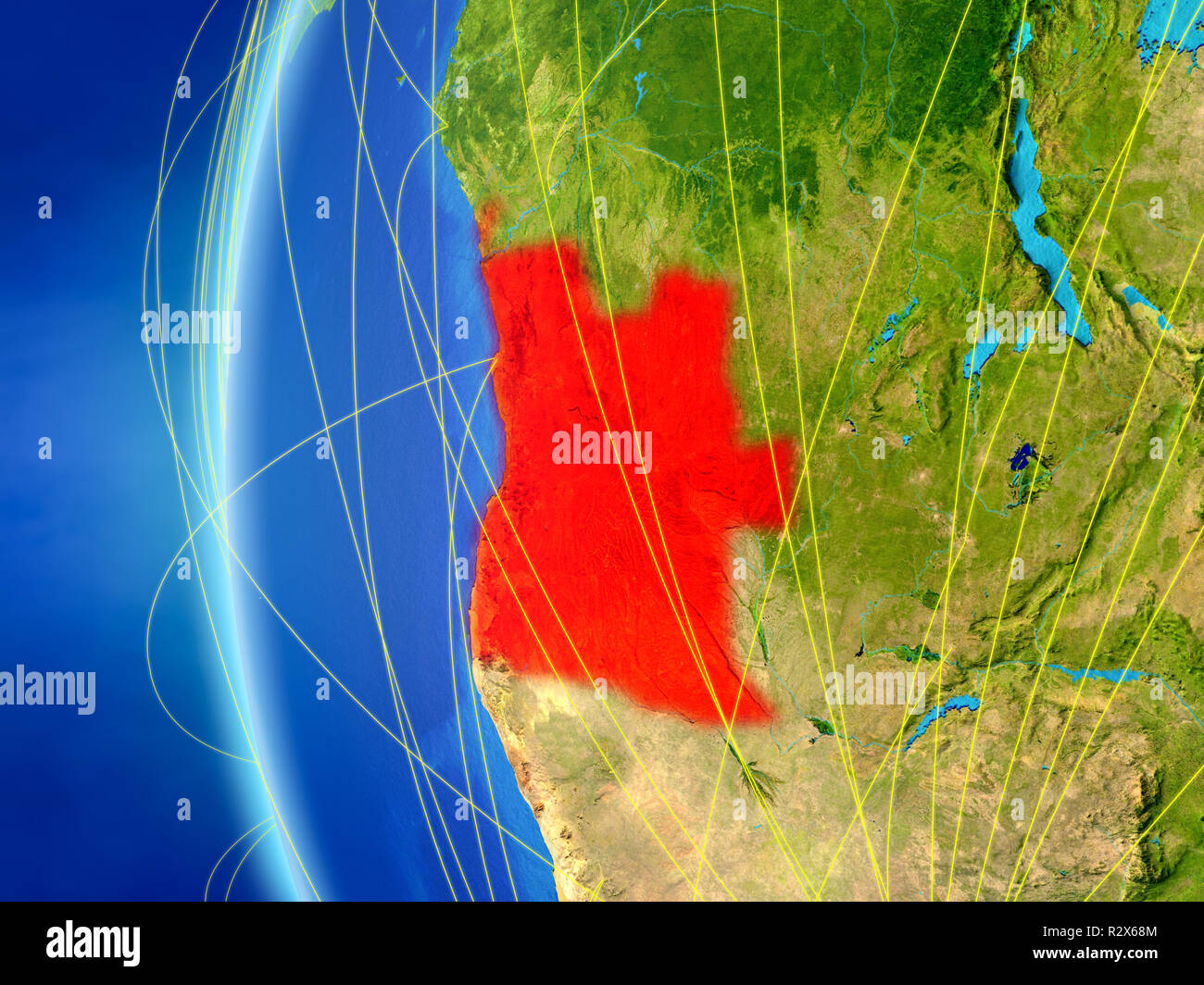 Angola from space on model of Earth with international network. Concept ...