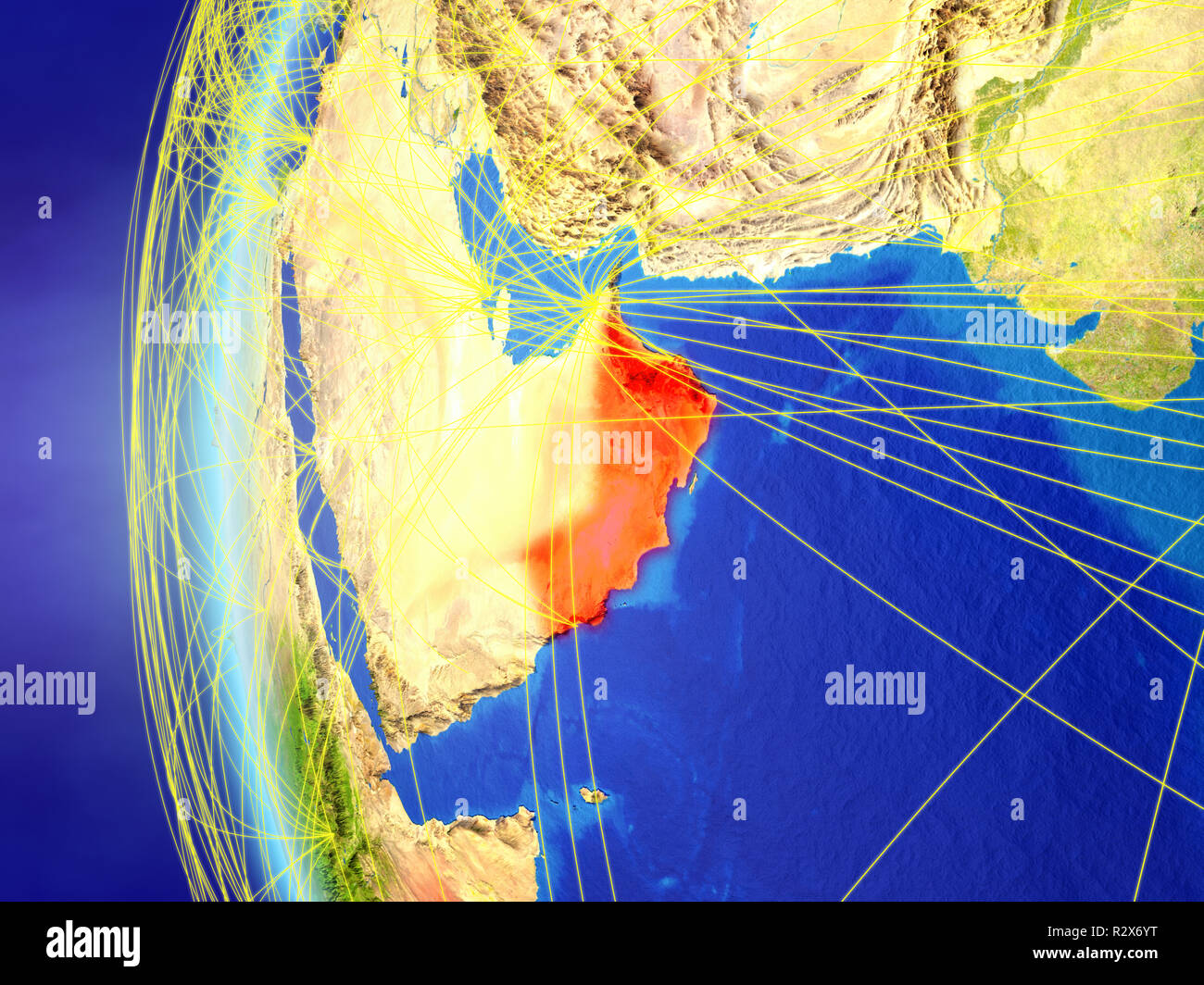 Oman from space on model of Earth with international network. Concept ...