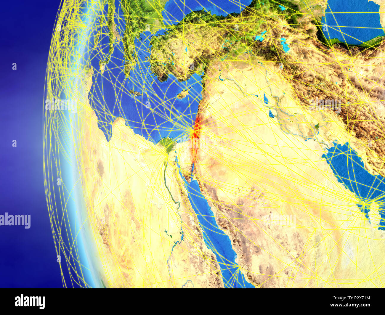 Israel from space on model of Earth with international network. Concept ...