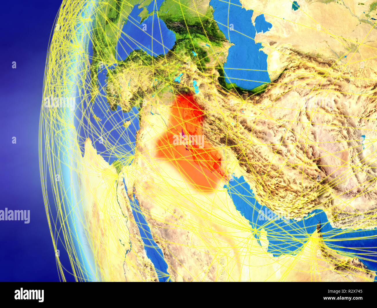 Iraq from space on model of Earth with international network. Concept ...