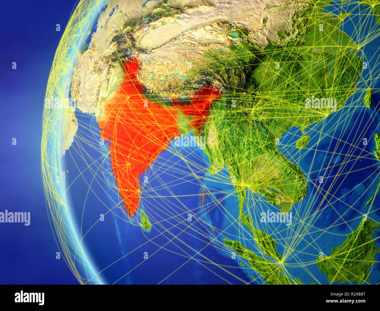 India from space on model of Earth with international network. Concept ...