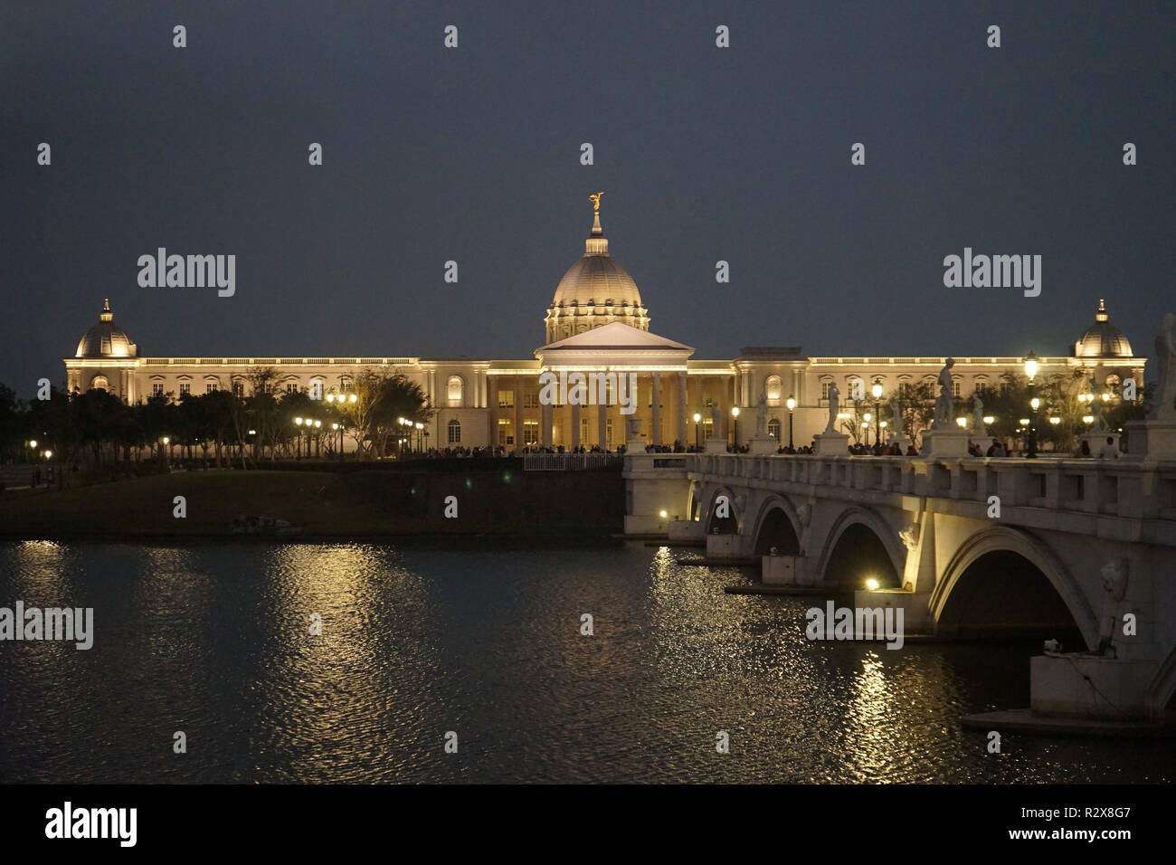 Night scene of the Chimei Museum. The museum looks like a Greek ...