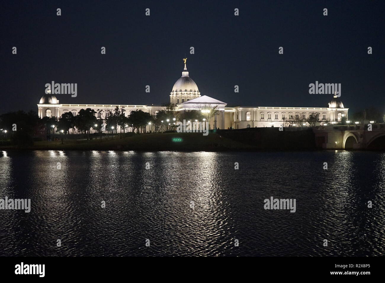 Night scene of the Chimei Museum. The museum looks like a Greek ...