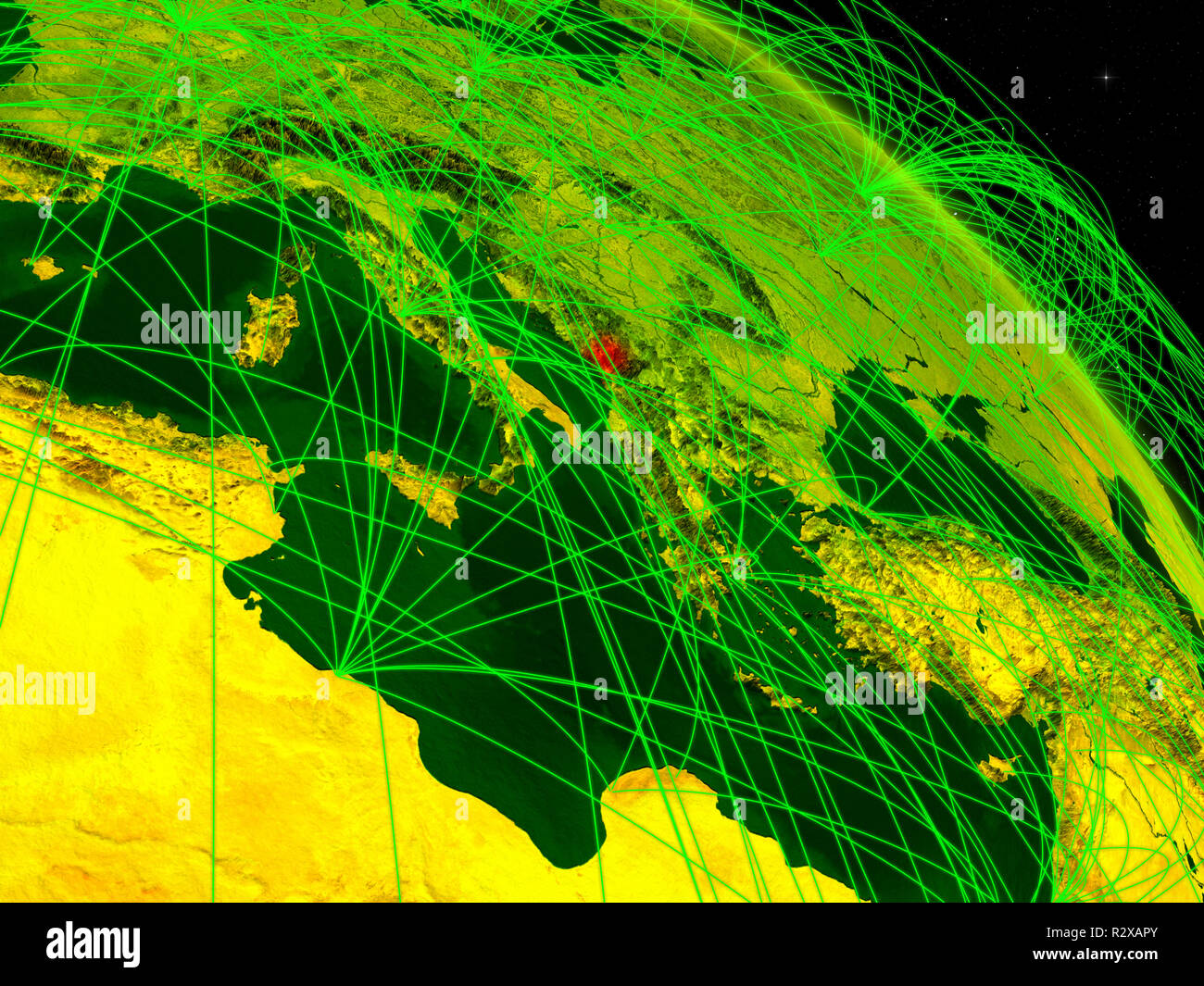 Montenegro from space on model of digital planet Earth with network ...
