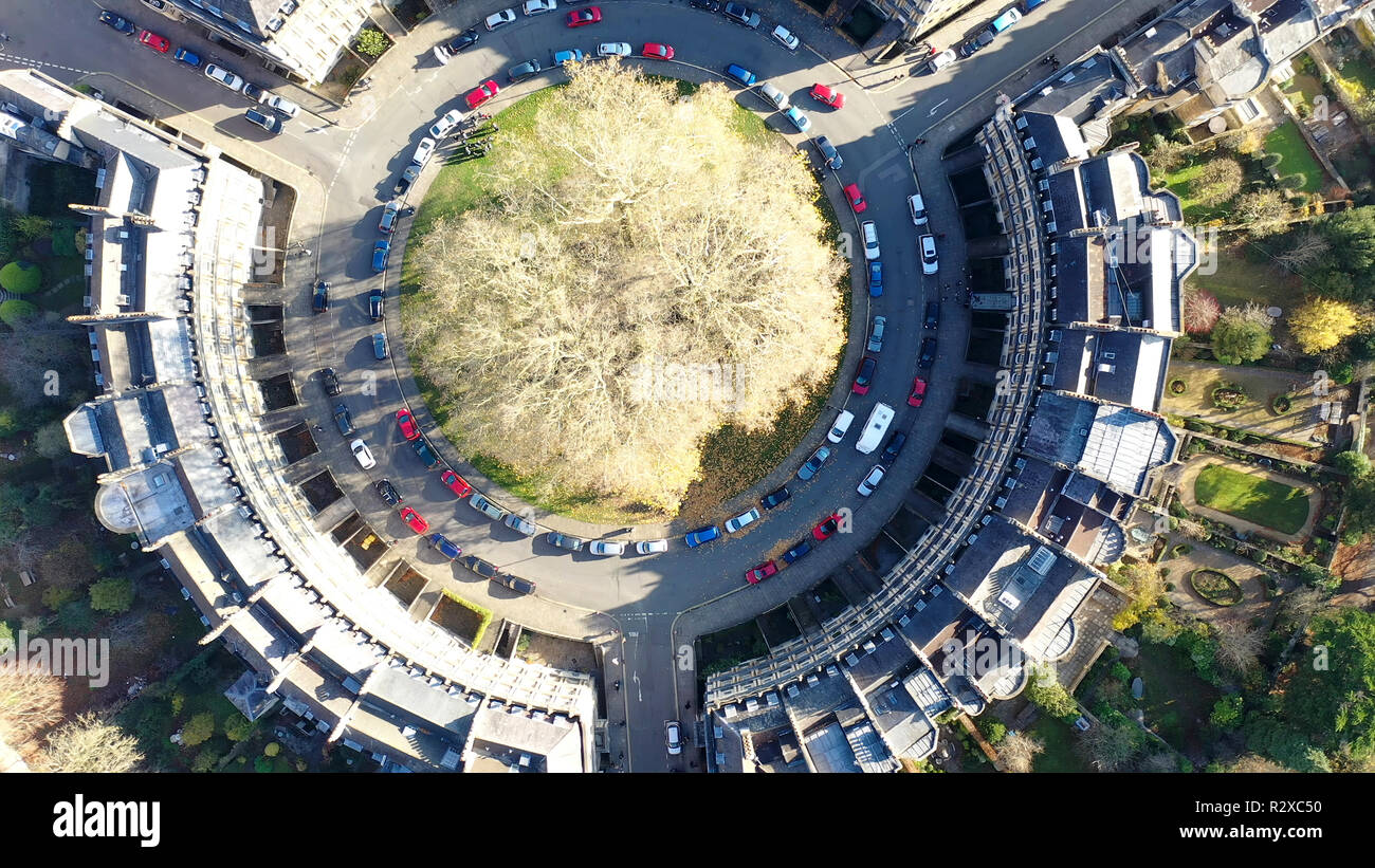 Aerial drone view of the Circus street in Bath, Somerset, UK Stock ...