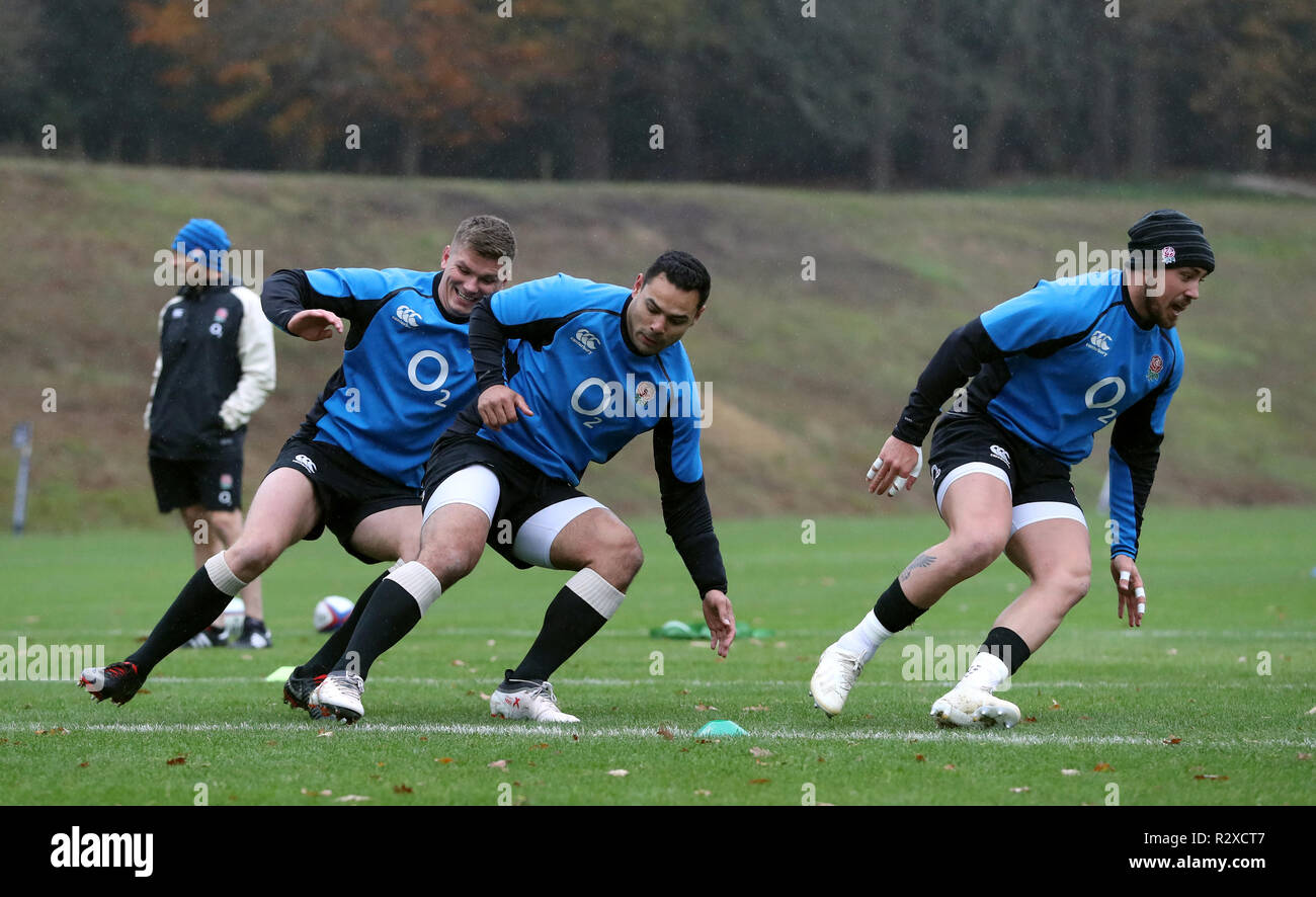 England's Owen Farrell, Ben Te'o and Jack Nowell during the training ...