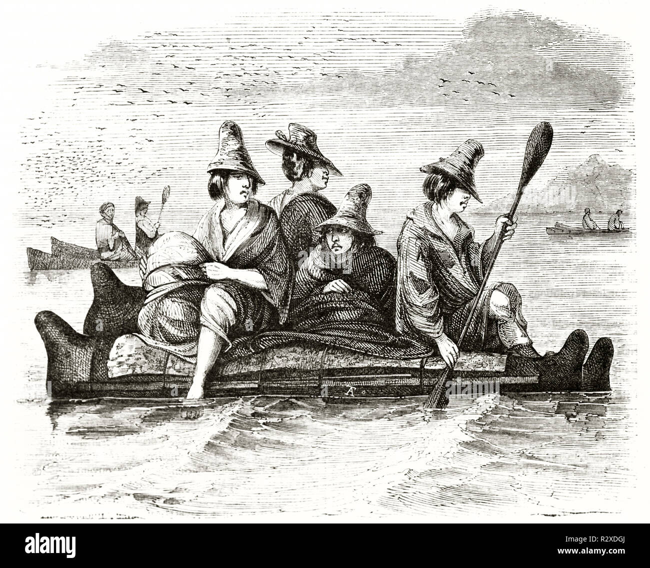 Old illustration of a Balsa, typical pre-Columbian South-American boat ...