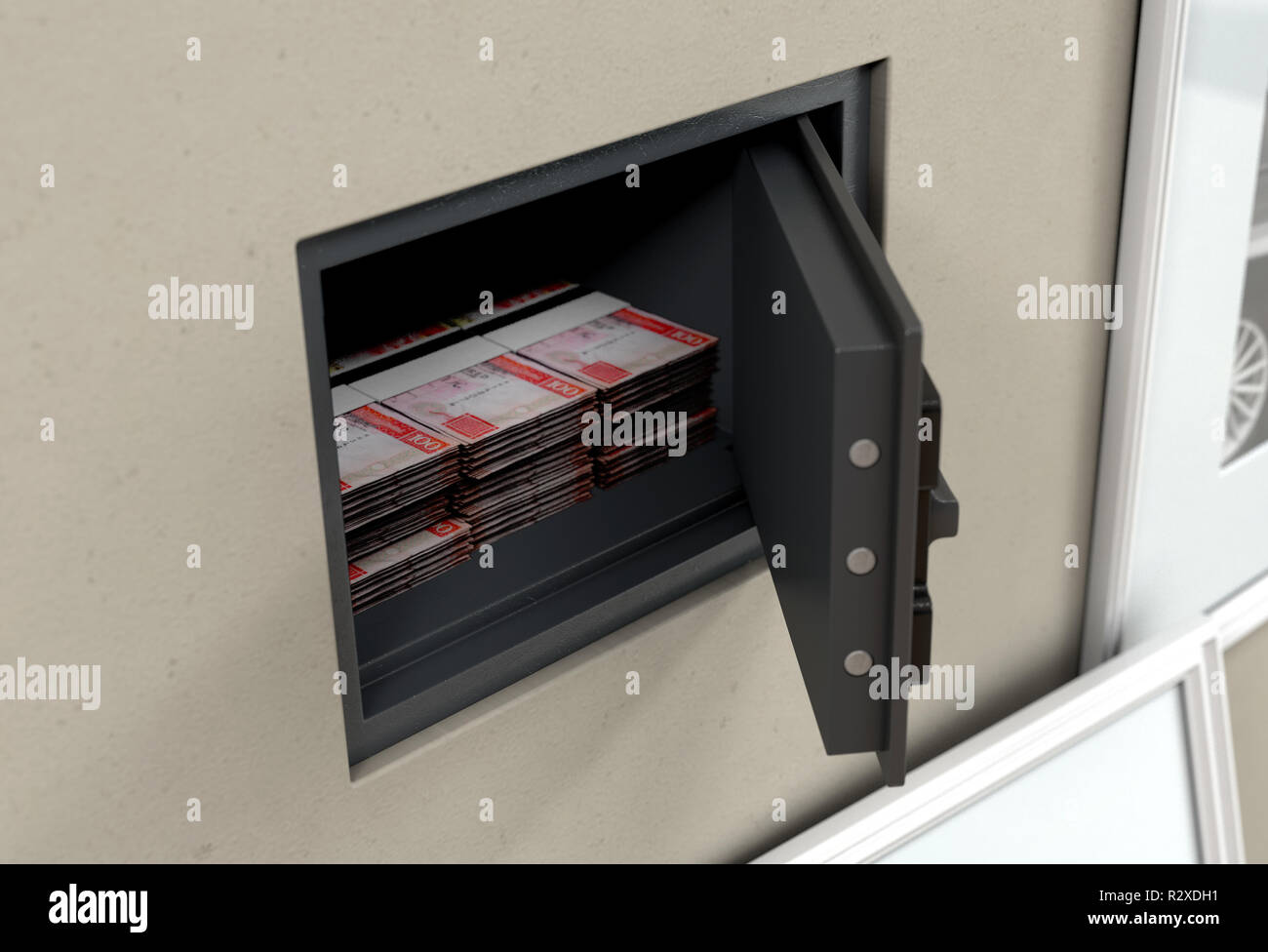 An open hidden wall safe with stacks of hong kong dollar banknote piles ...