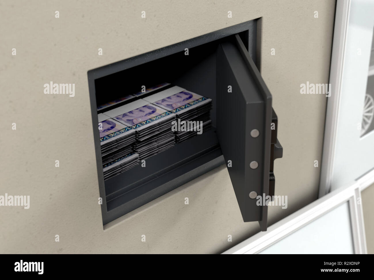 An open hidden wall safe with stacks of norwegian kroner banknote piles ...