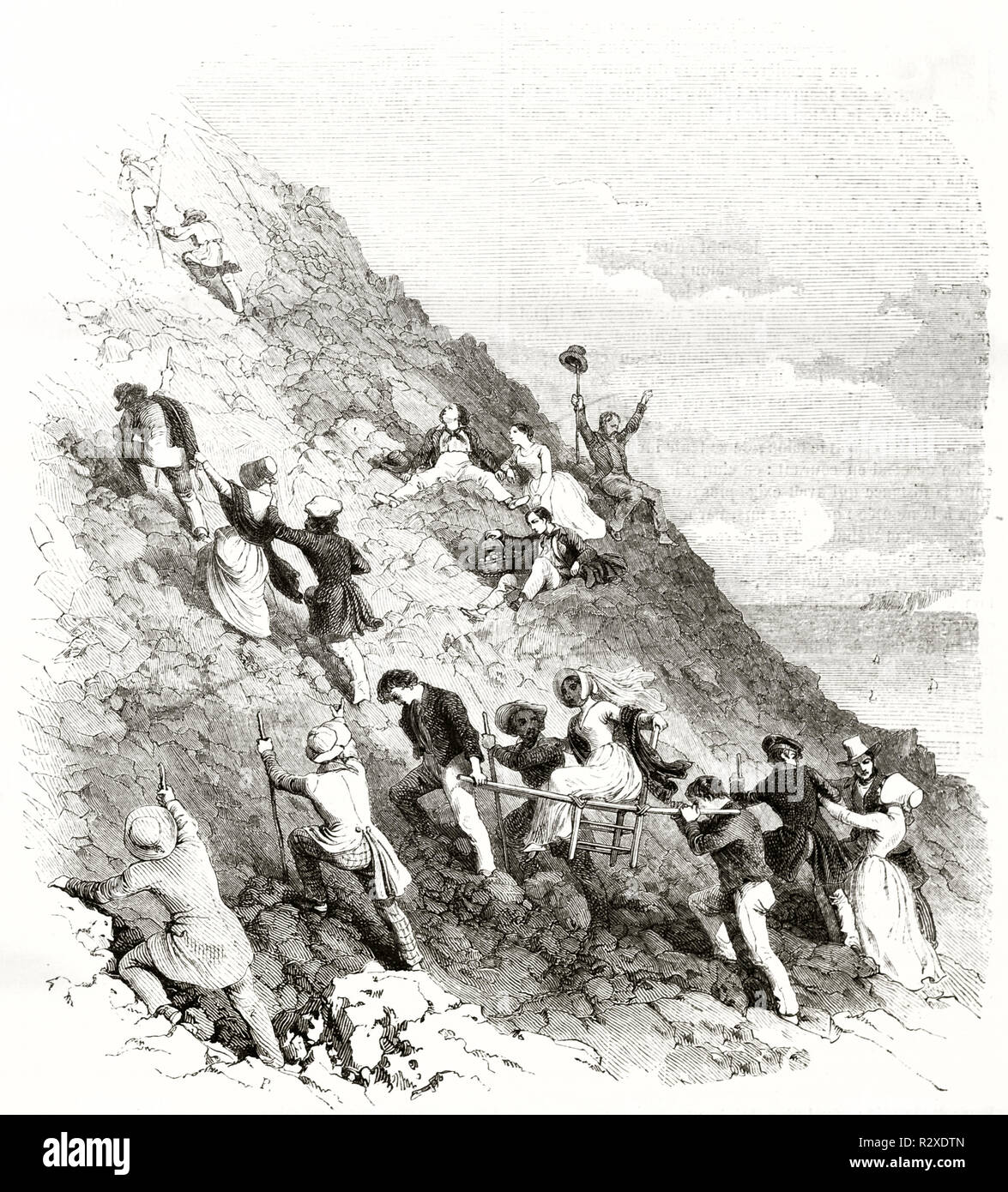 Old illustration depicting men and women climbing on Mount Vesuvius ...
