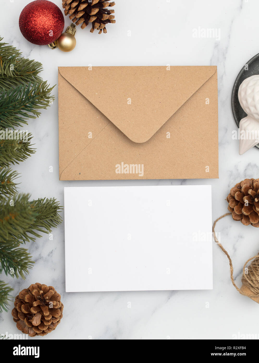Blank white christmas card composition. Fir branch, festive seasonal ...