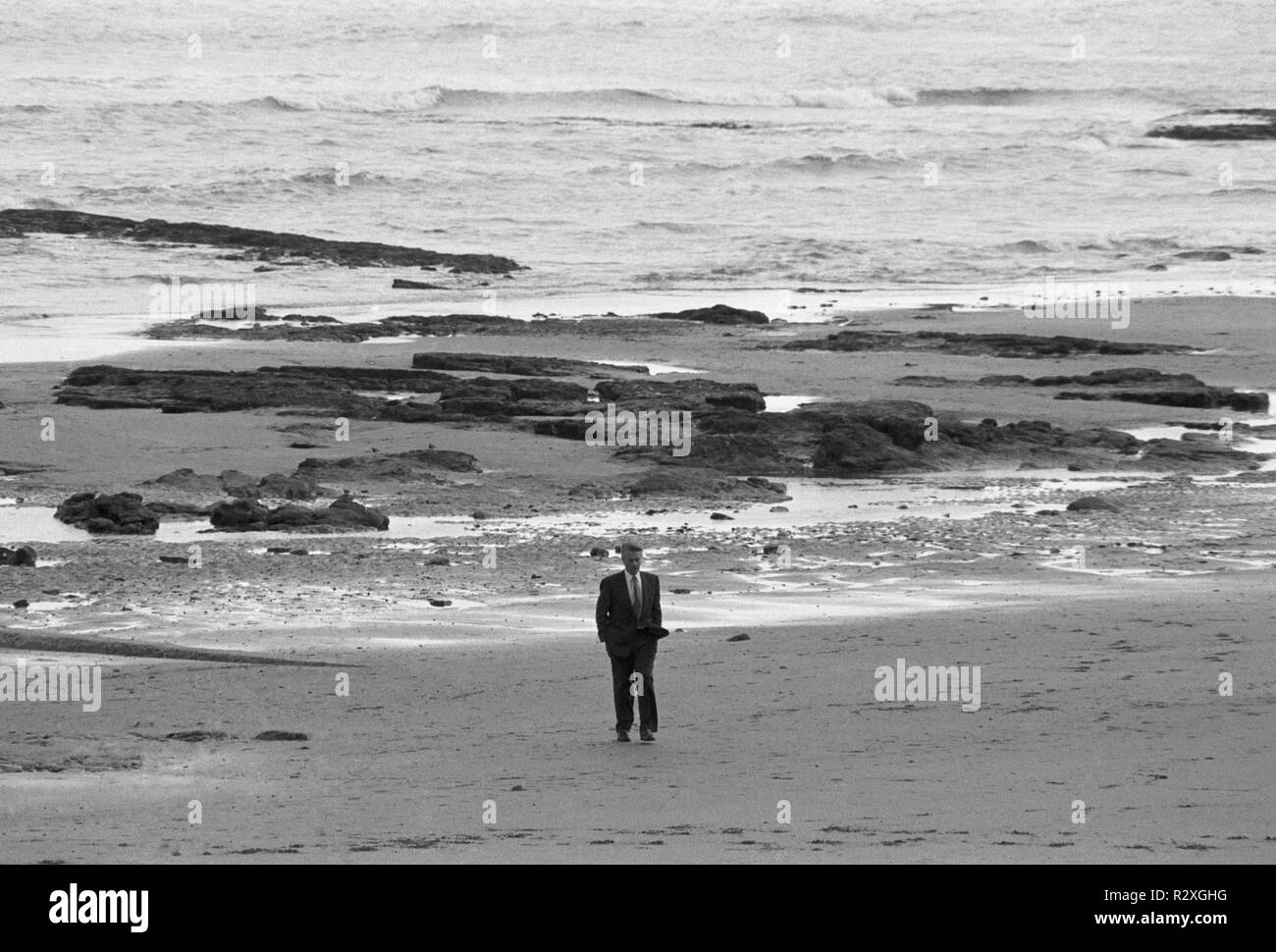SDP leader Dr David Owen on Scarborough beach before a bomb scare ...