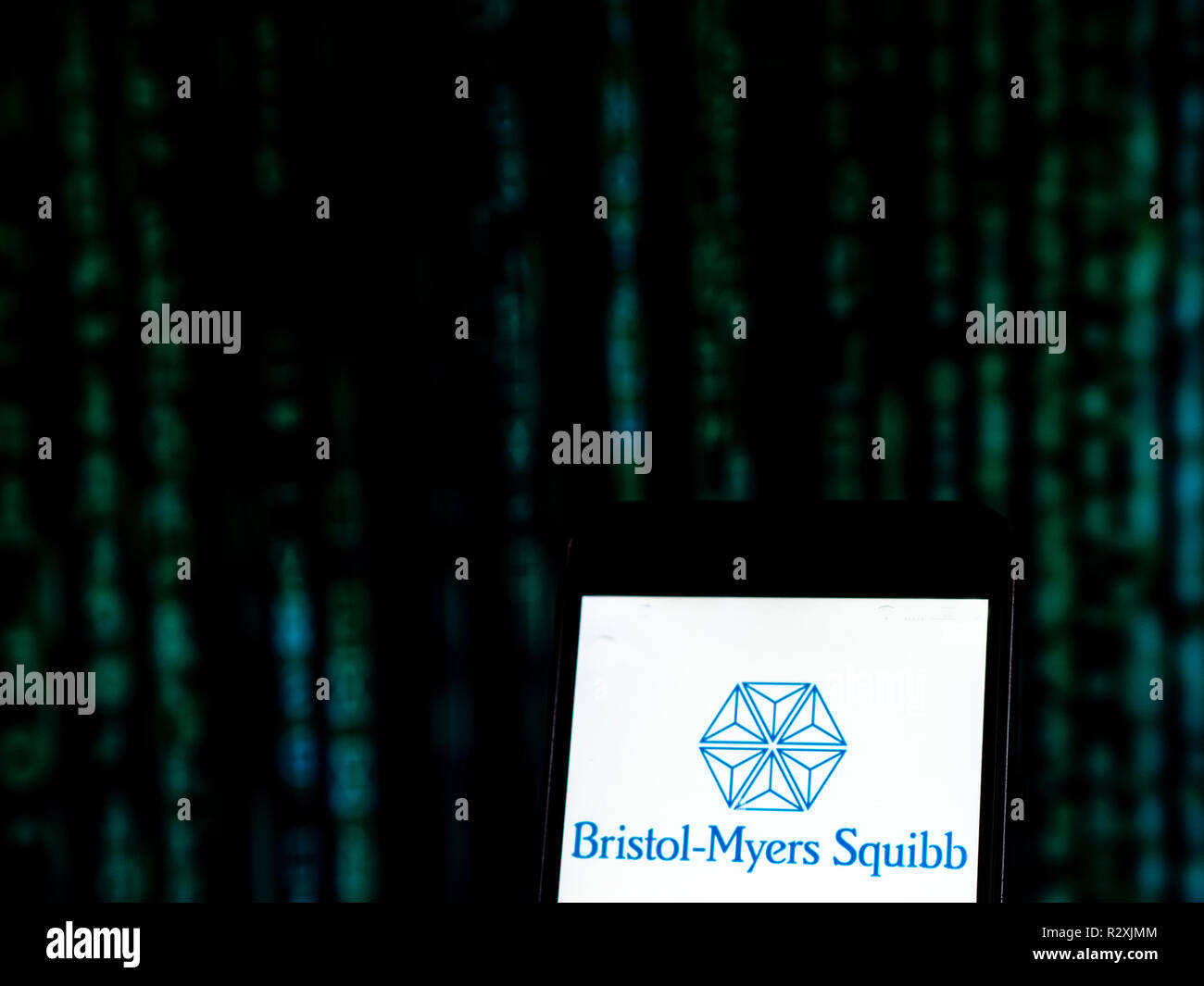 Bristol-Myers Squibb Pharmaceutical company logo seen displayed on a ...