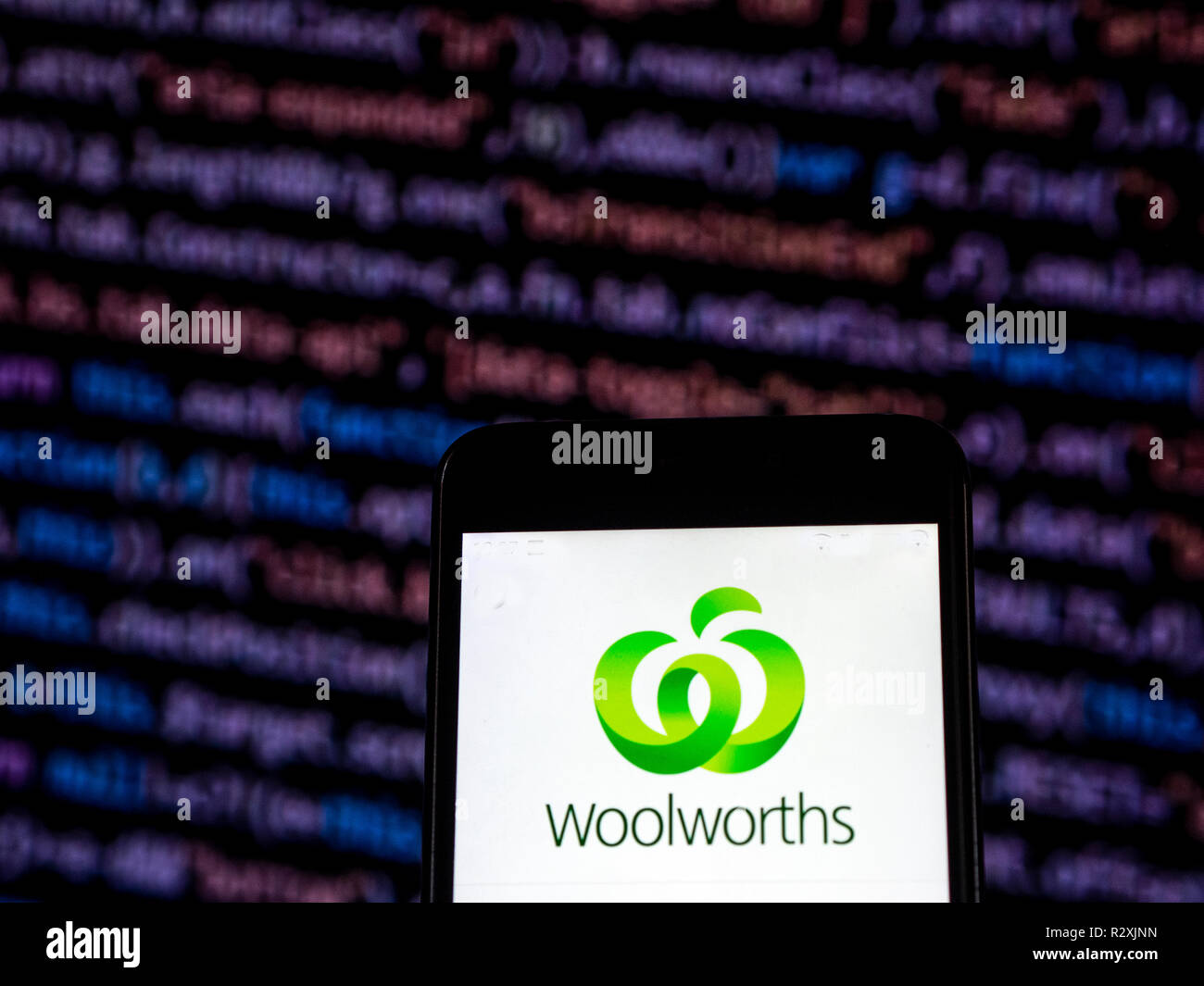 Woolworths Supermarket company logo seen displayed on a smart phone ...