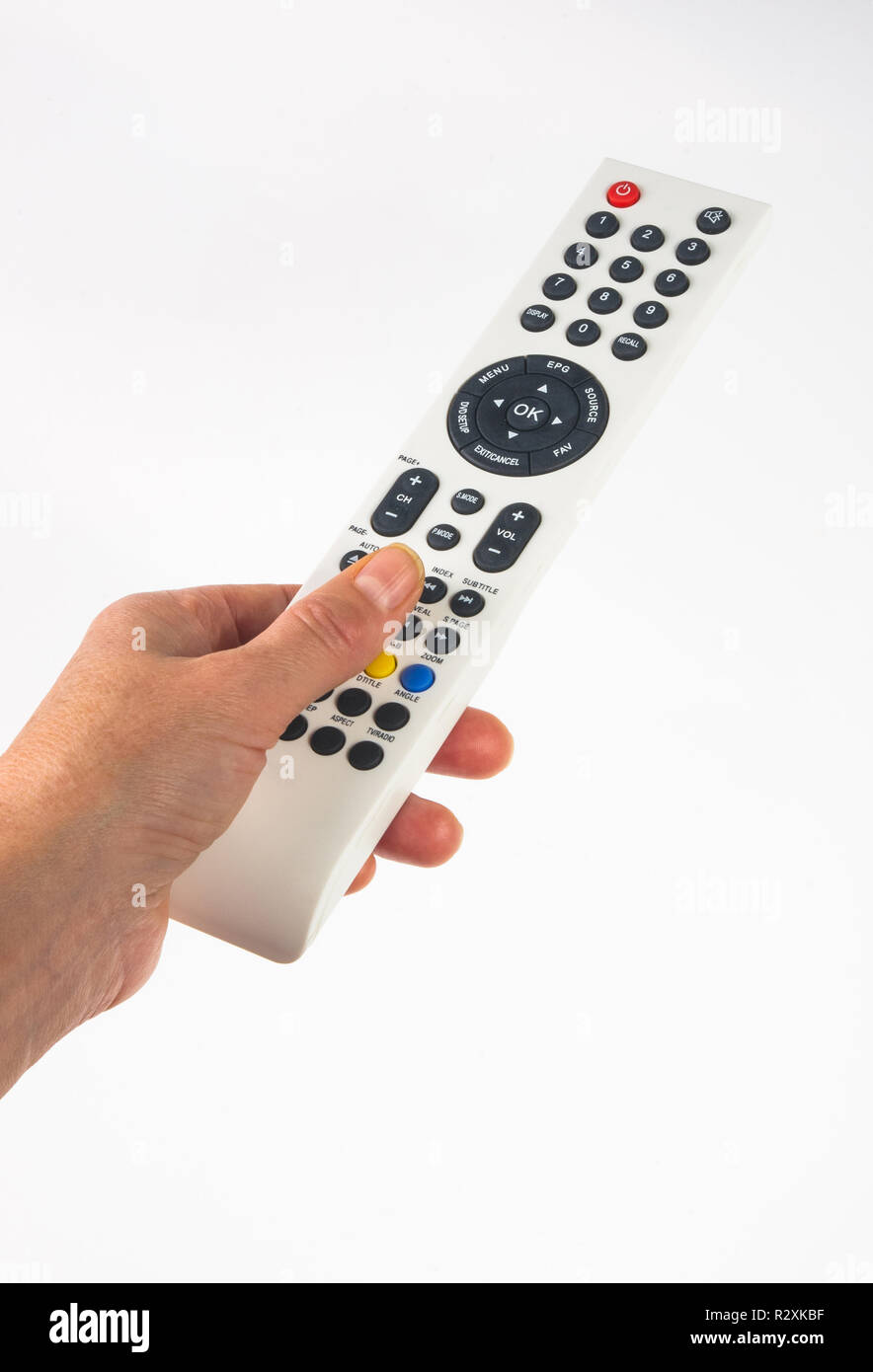 hand holding a remote control on white background Stock Photo - Alamy