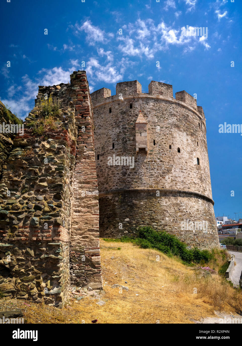 View to ancient wall and Trigoniu tower in Thessaloniki in Greece Stock ...