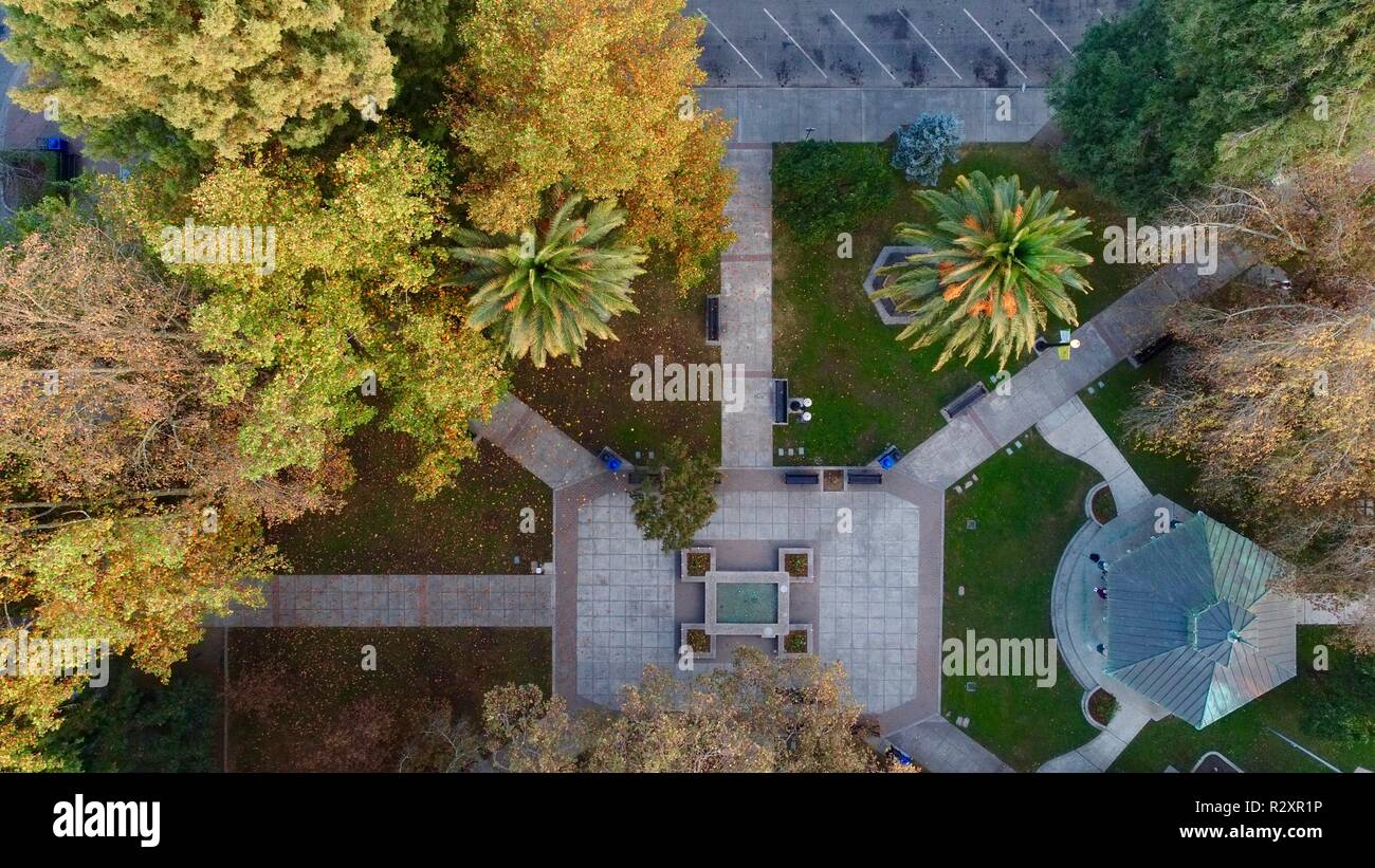 Aerial view of Healdsburg Plaza, downtown square surrounded by art ...