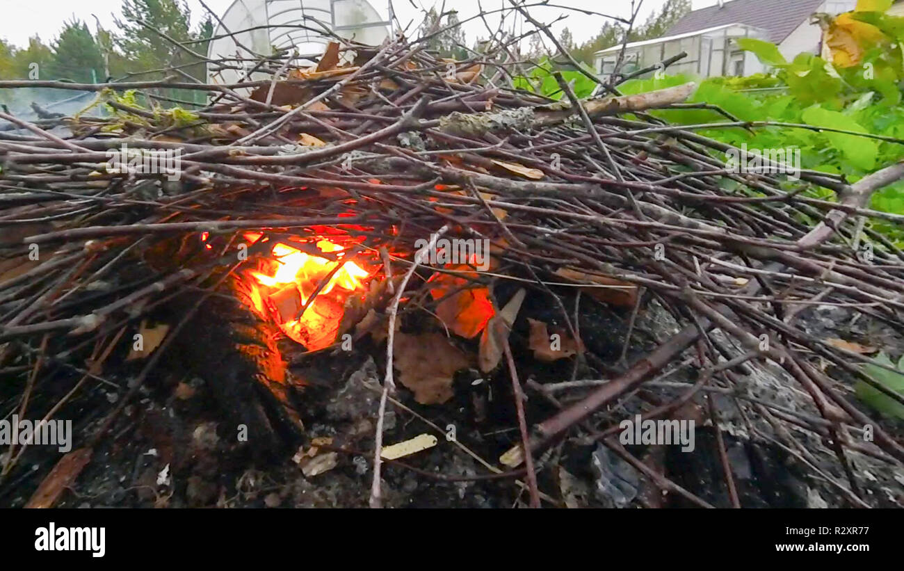 The fire is ignited in a fire of twigs and branches Stock Photo - Alamy