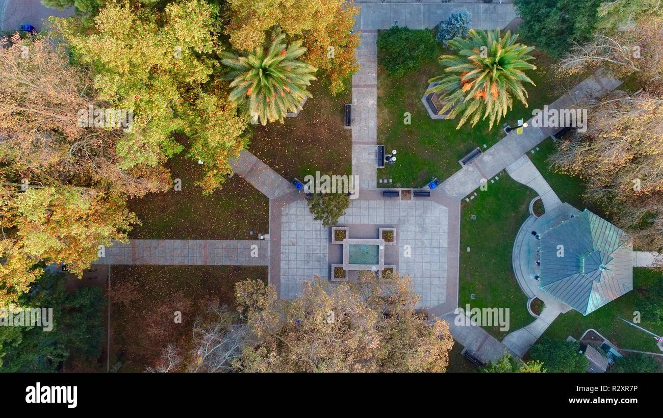 Aerial view of Healdsburg Plaza, downtown square surrounded by art ...