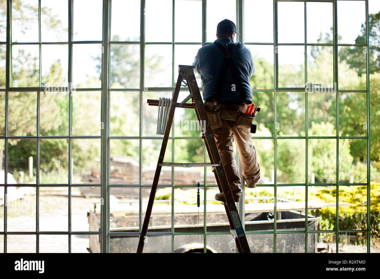 Mid adult man standing on a ladder Stock Photo - Alamy