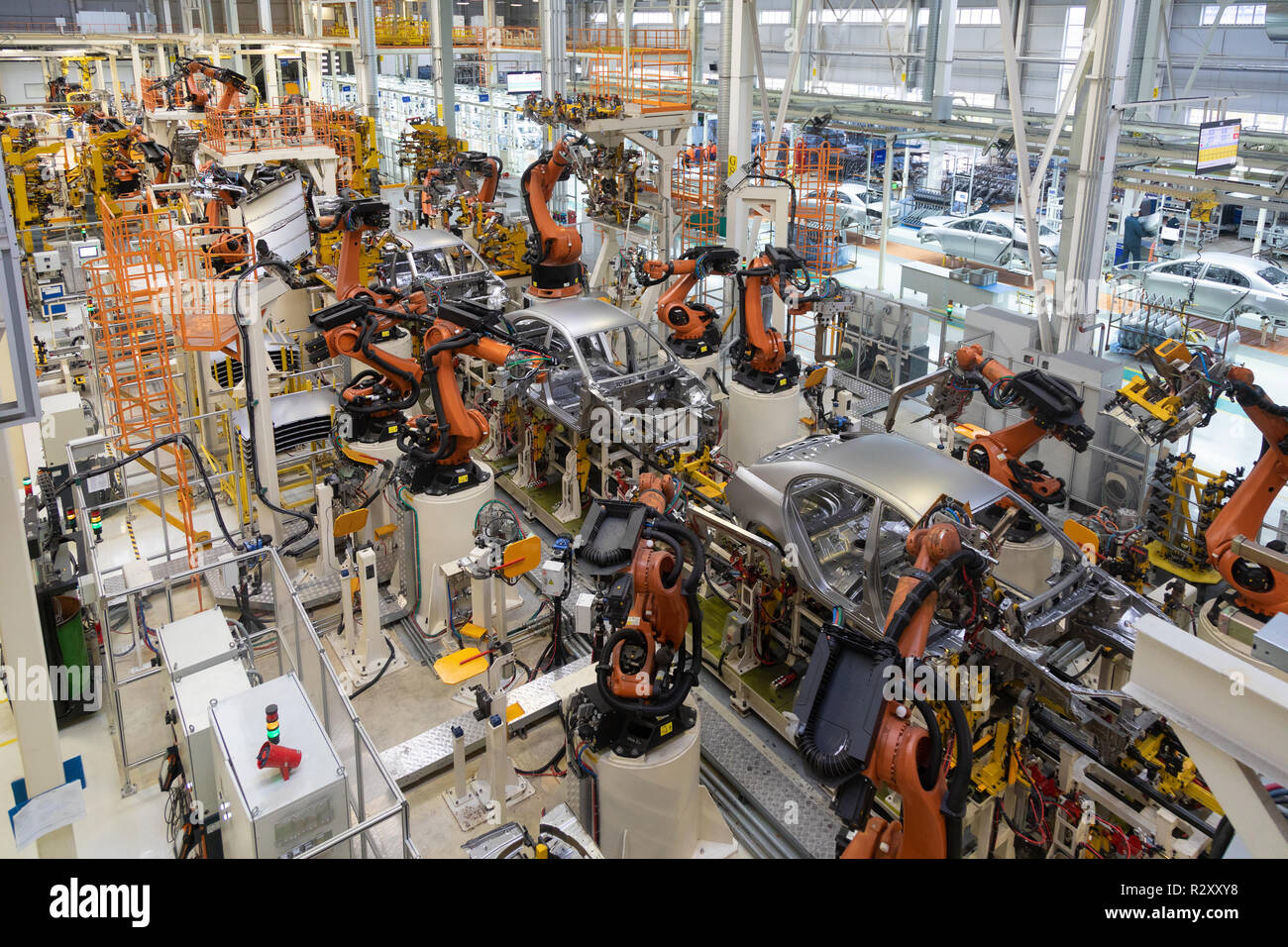 body of car on conveyor top view. Modern Assembly of cars at the plant ...