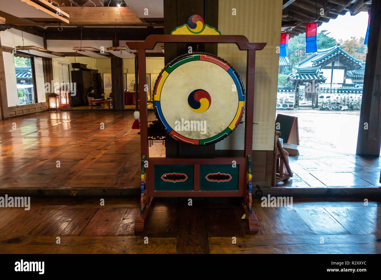 A drum inside a traditional Korean house at Namsangol Hanok Village ...