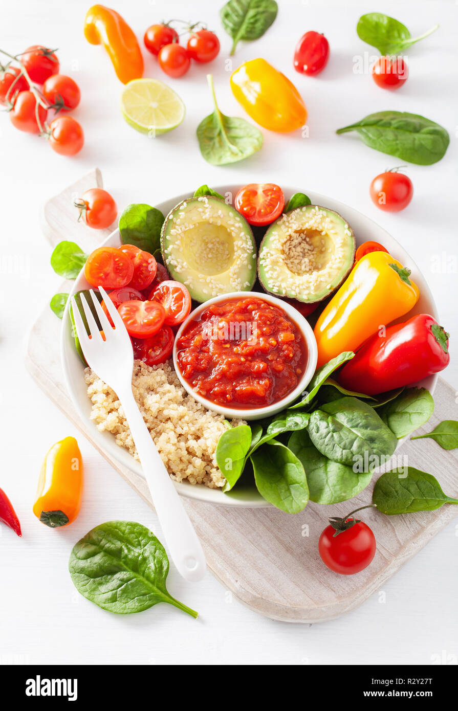 vegan buddha bowl. healthy lunch bowl with avocado, tomato, bell ...