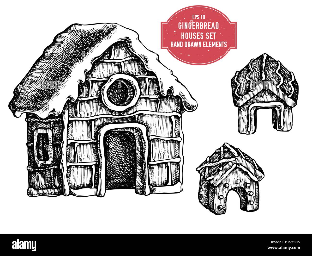 Vector collection of hand drawn black and white gingerbread house Stock ...