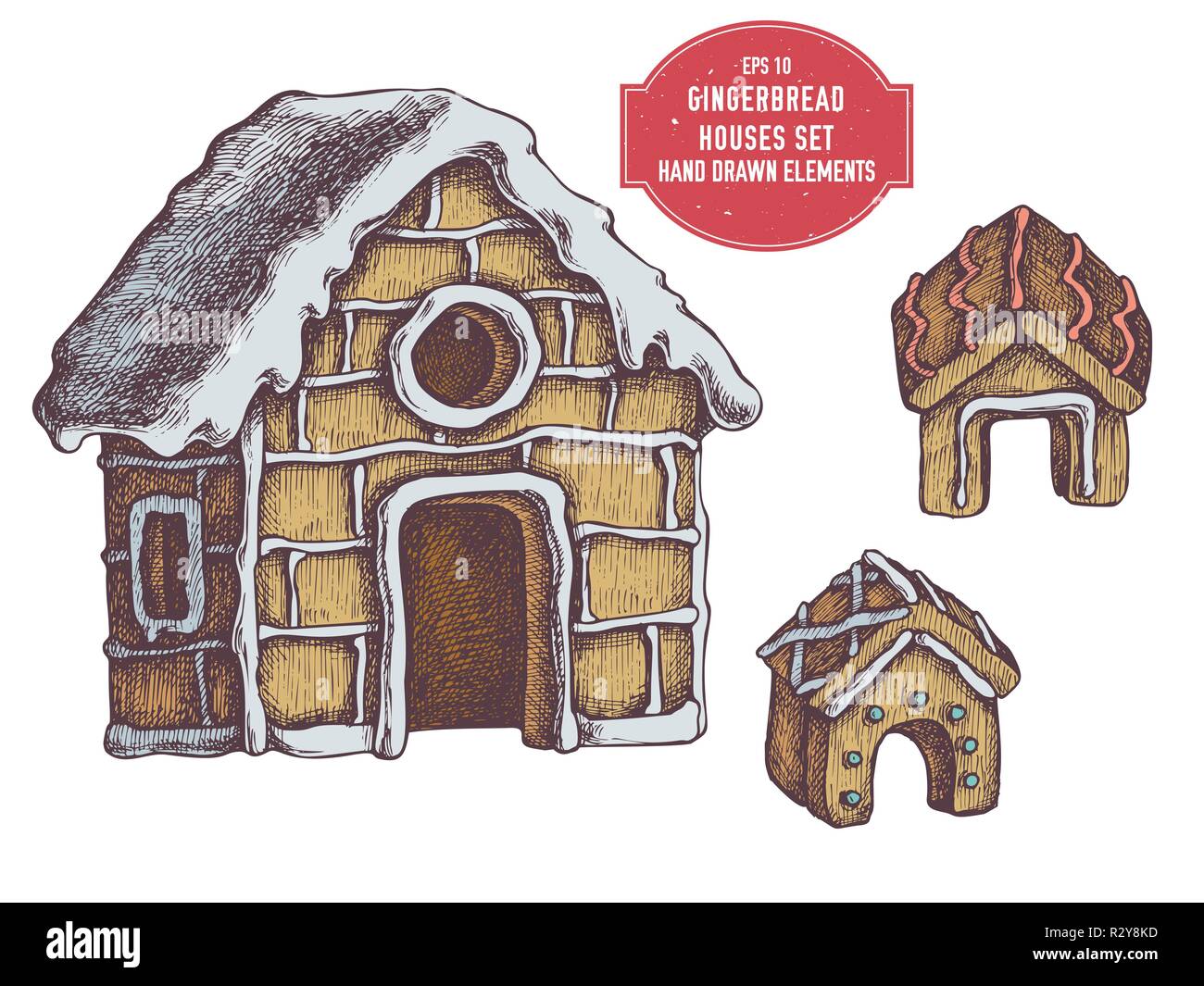 Vector collection of hand drawn colored gingerbread house Stock Vector ...