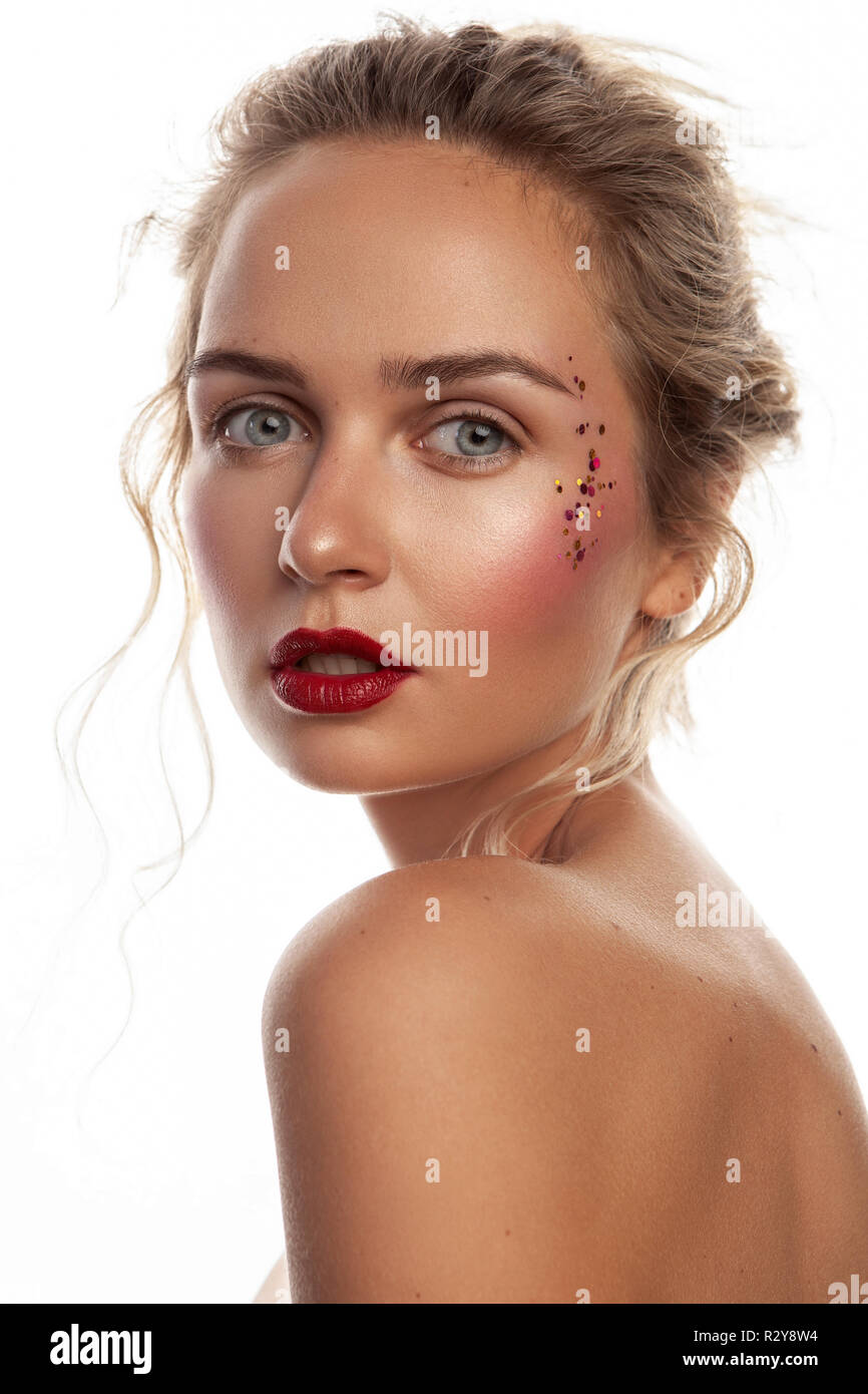 beauty headshot of beautiful girl with red lips on white background ...