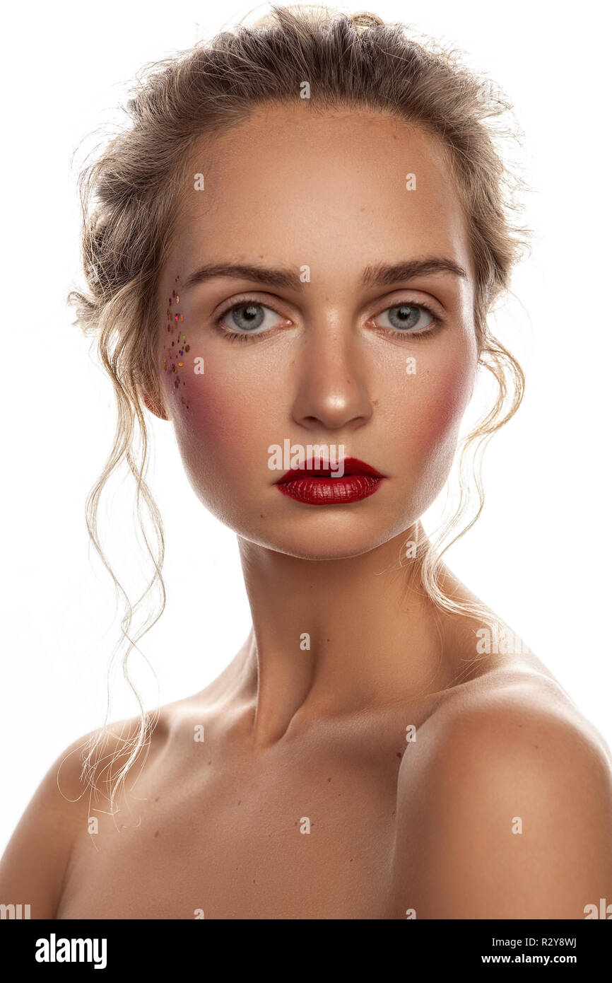 beauty headshot of beautiful girl with red lips on white background ...